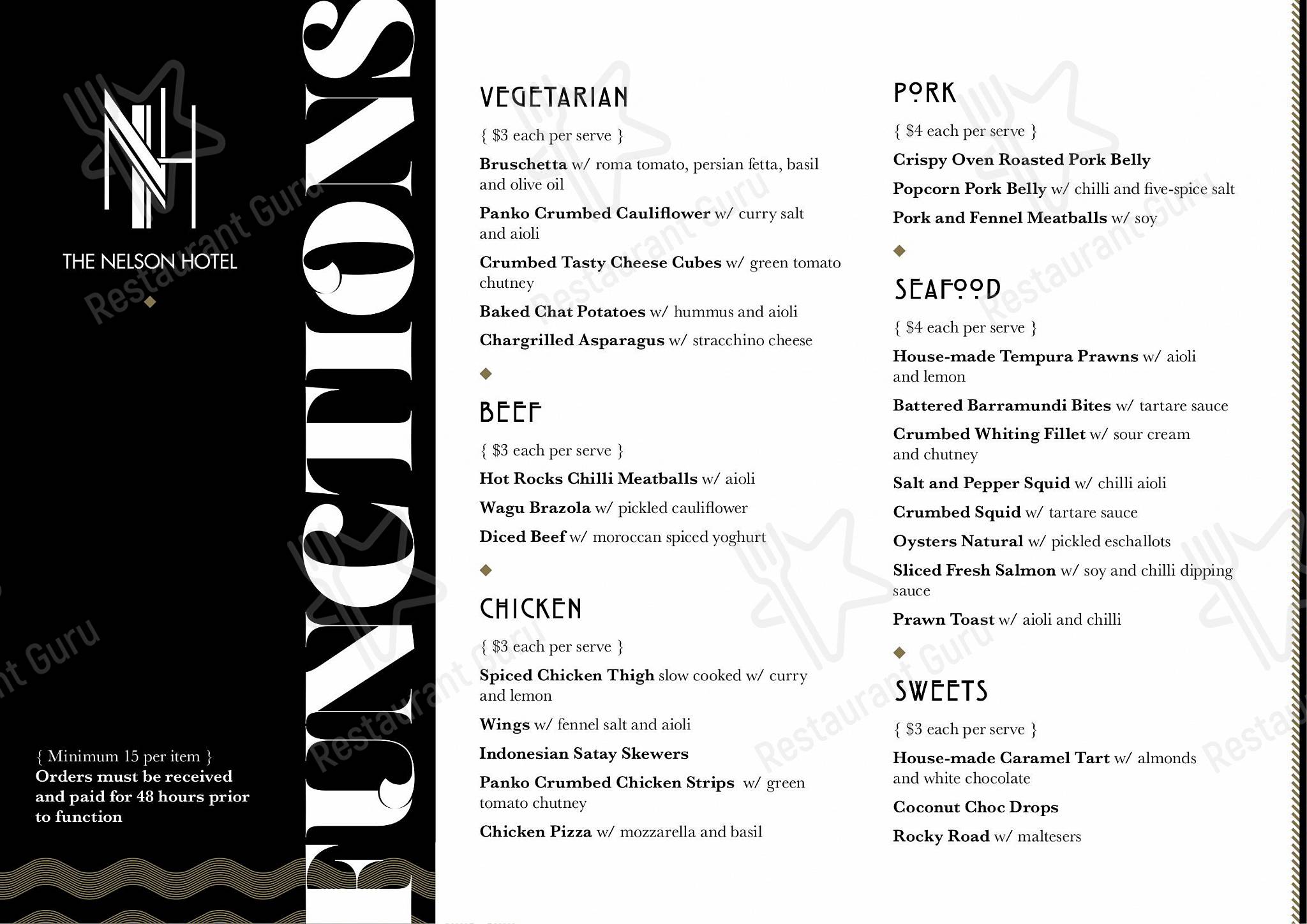 Menu at Nelson Hotel restaurant, Bondi Junction