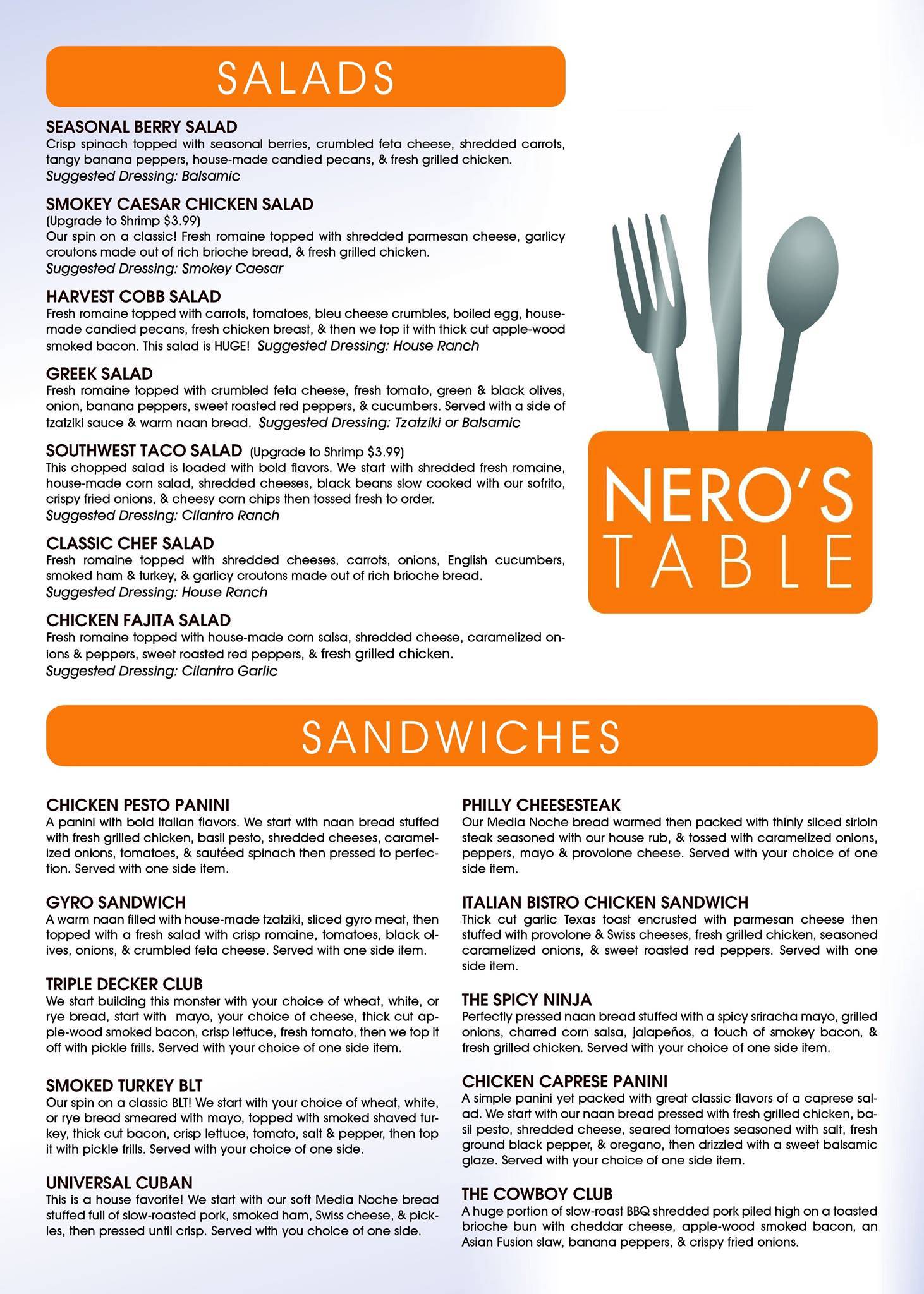 Menu at Nero's Table cafe, Orlando