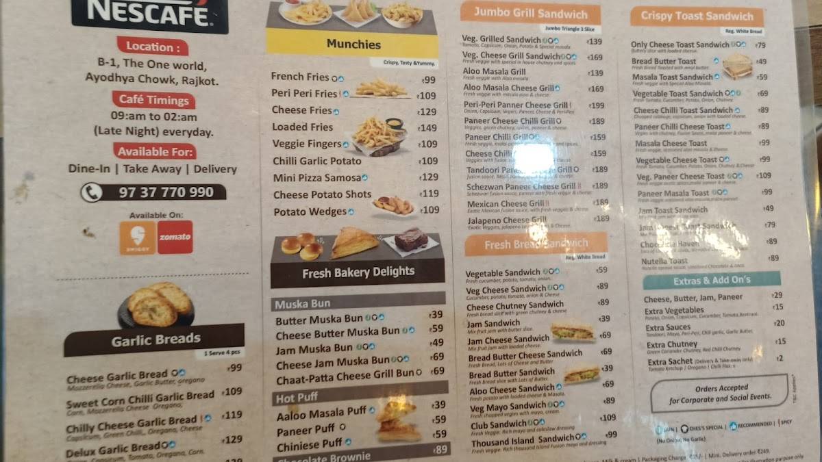 Menu at Nescafé, Rajkot, The One World