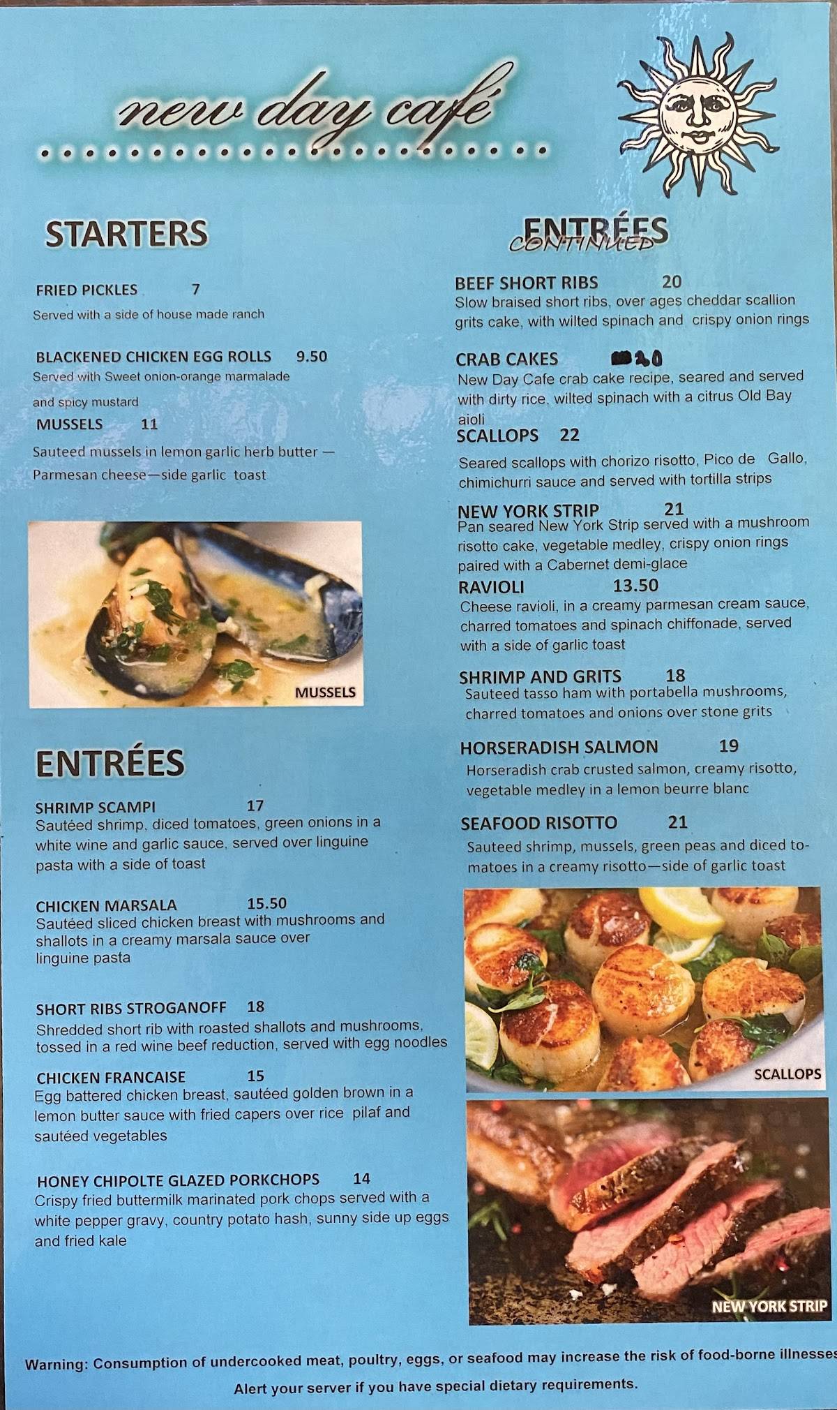 Menu at New Day Cafe, Leland