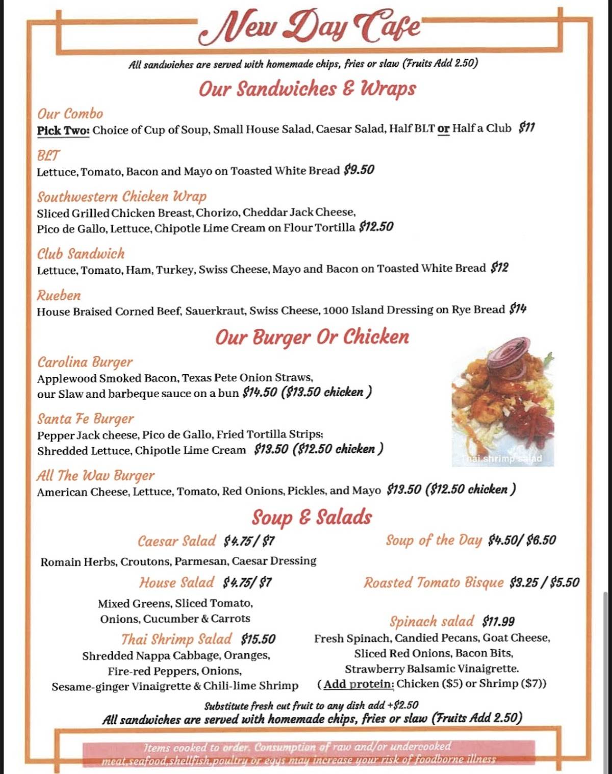 Menu at New Day Cafe, Leland