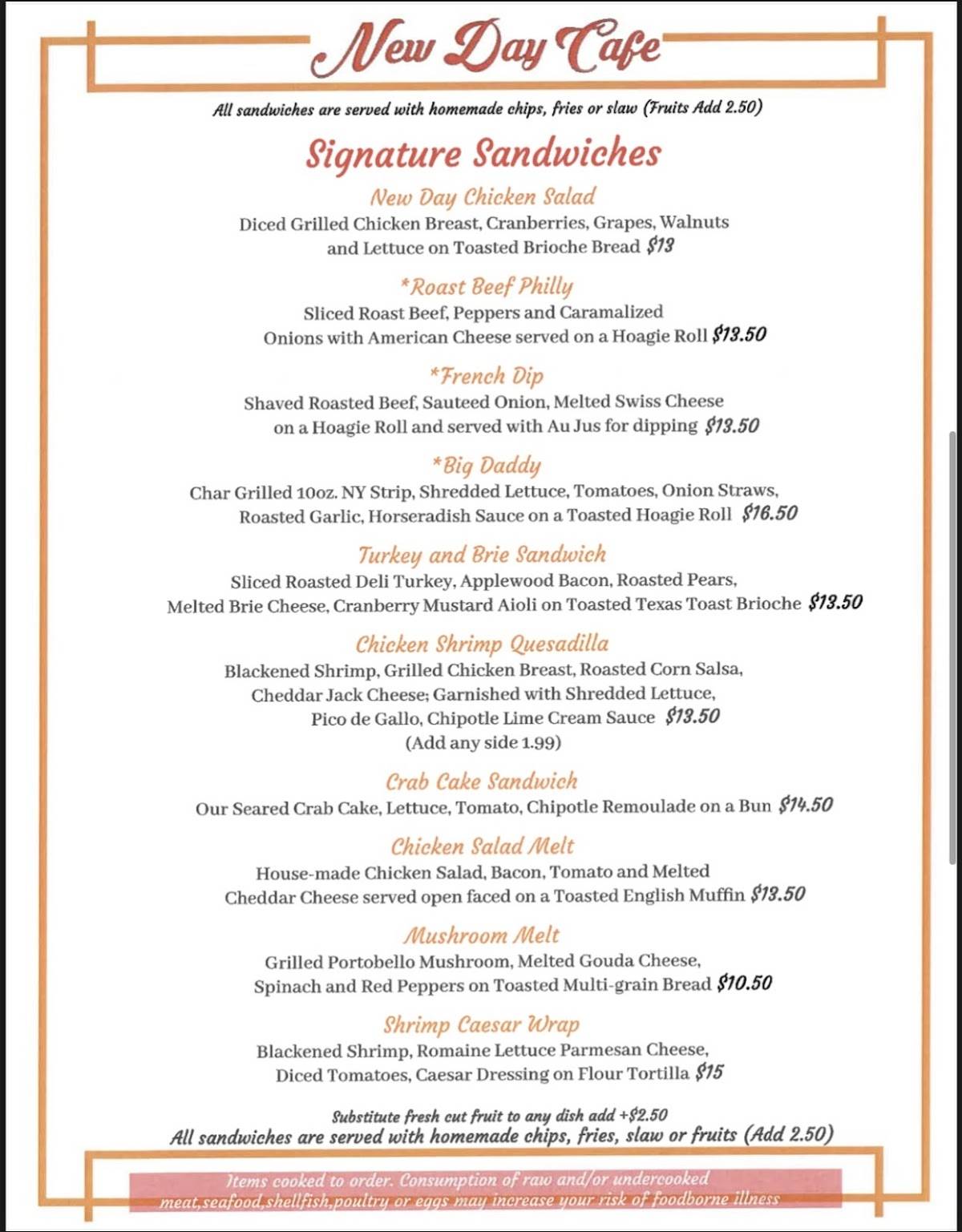 Menu at New Day Cafe, Leland
