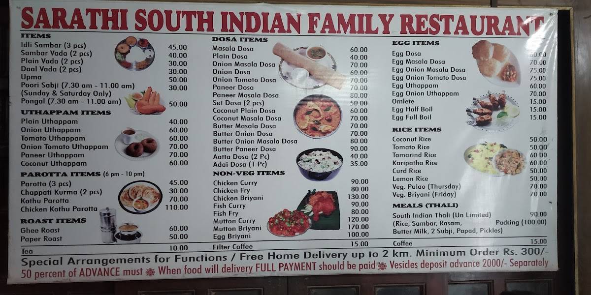 Menu at Sarathi's south Indian family restaurant, New Delhi, 60 A