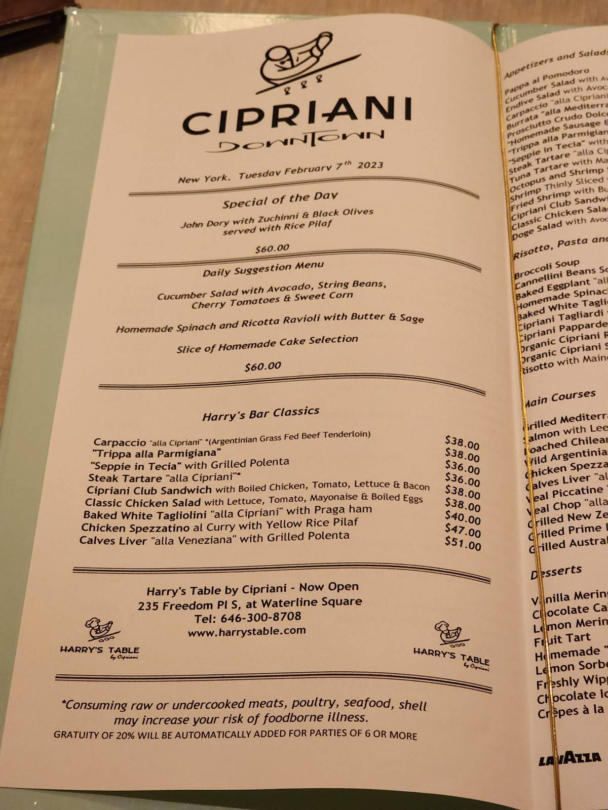 Menu at Cipriani Downtown (New York City) restaurant, New York City ...