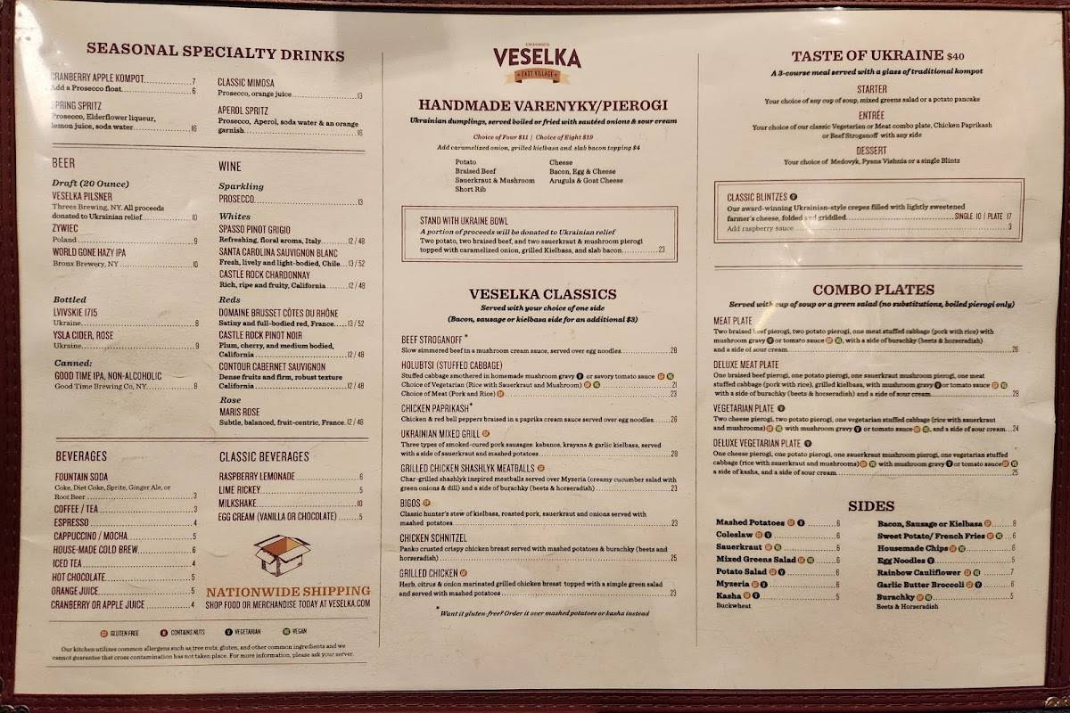 Menu at Veselka restaurant, New York City, 144 2nd Ave
