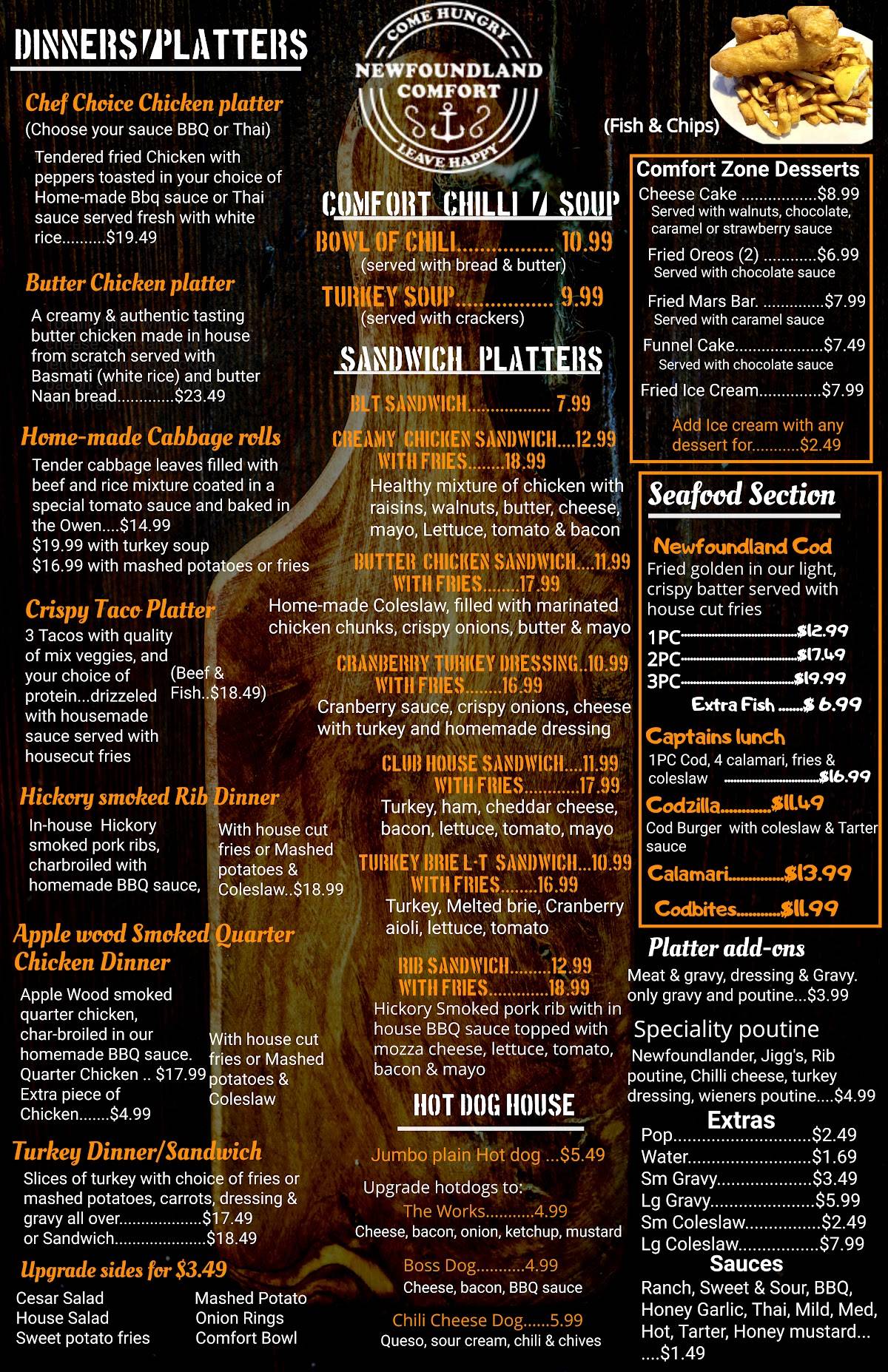 Menu au Newfoundland Comfort Food restaurant, Corner Brook, 27 Broadway