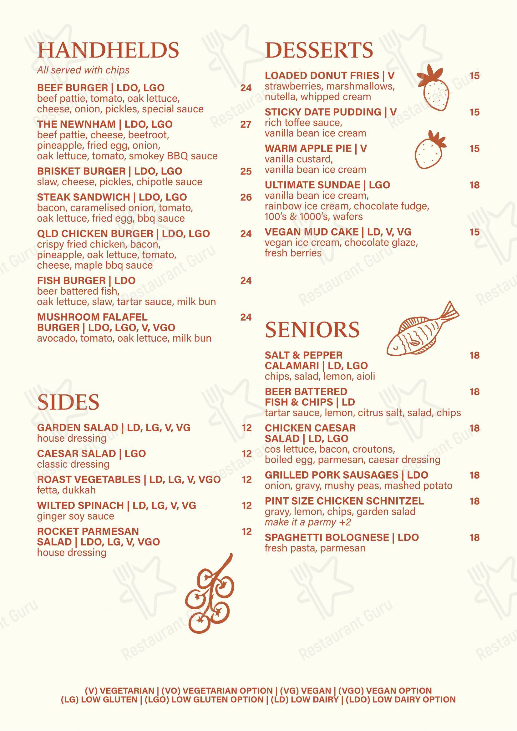 Menu at Newnham Hotel & Event Spaces restaurant, Upper Mount Gravatt
