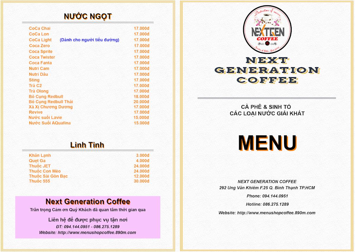 Menu at Next Generation Coffee cafe, Ho Chi Minh City