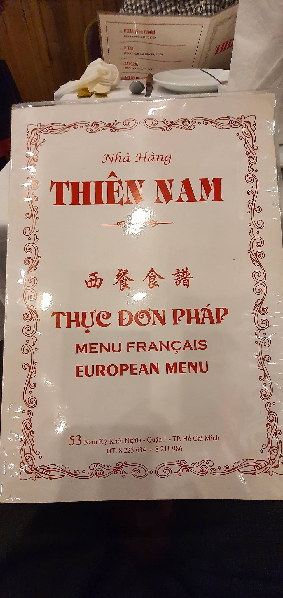 Menu at Nhà Hàng Thiên Nam restaurant, Ho Chi Minh City