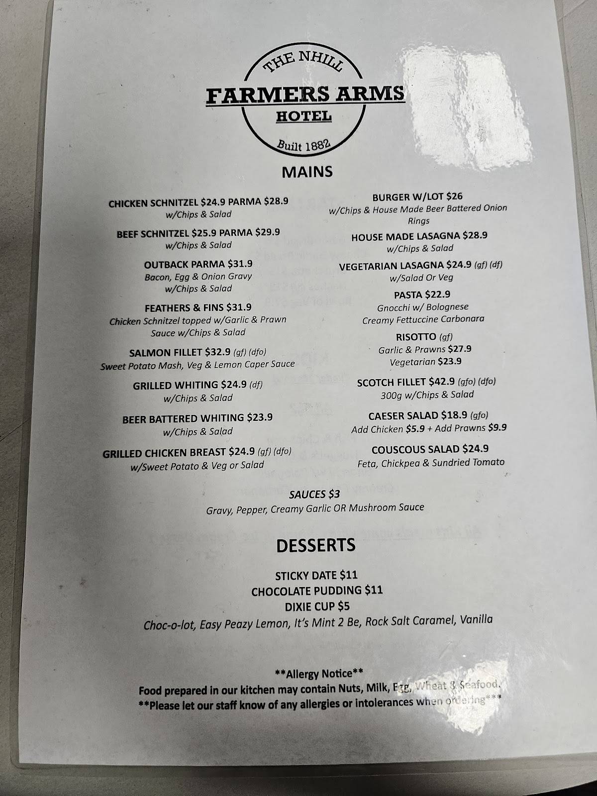 Menu at Nhill Farmers Arms Hotel pub & bar, Nhill