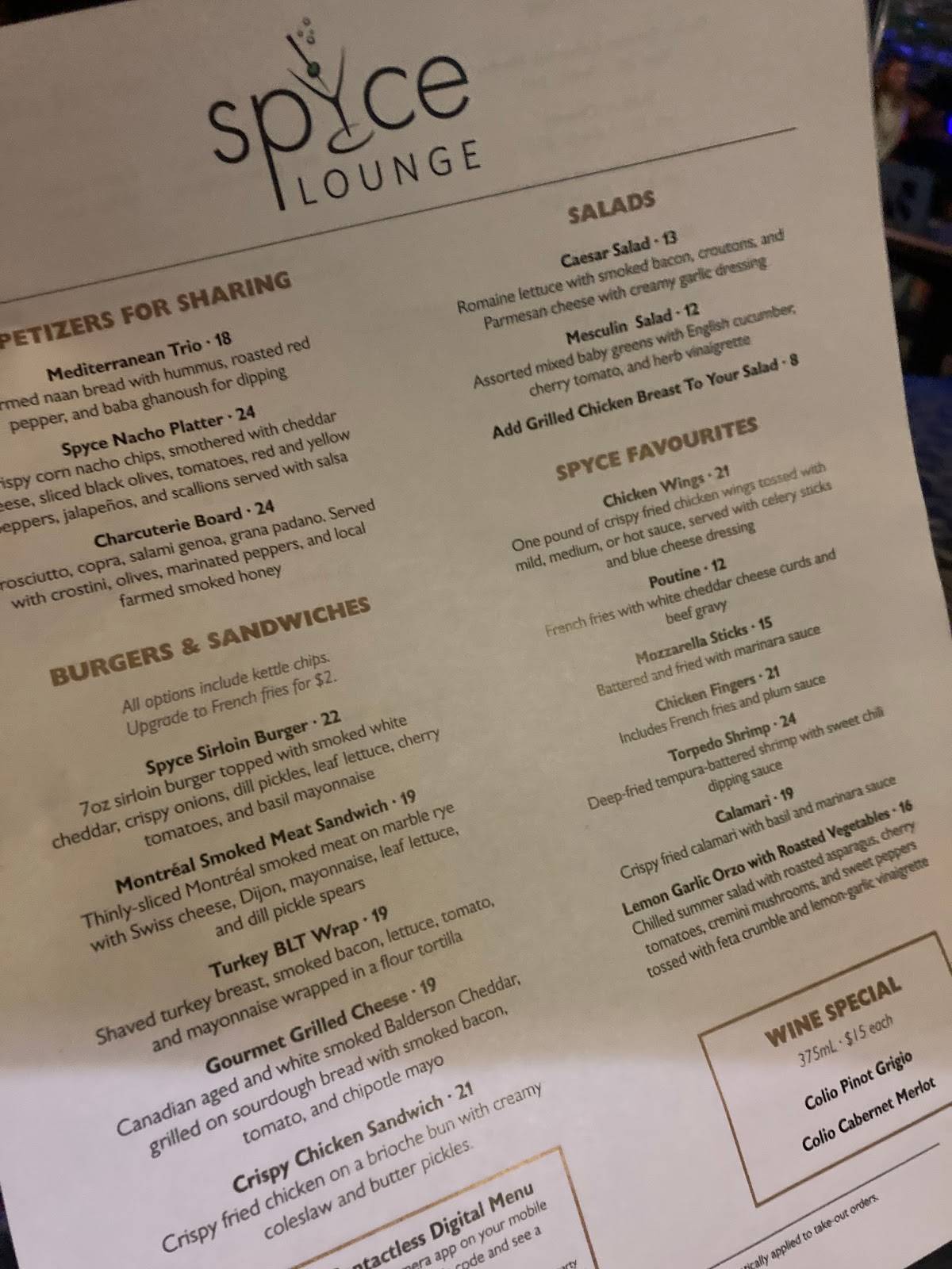 Menu at Spyce Lounge pub & bar, Niagara Falls