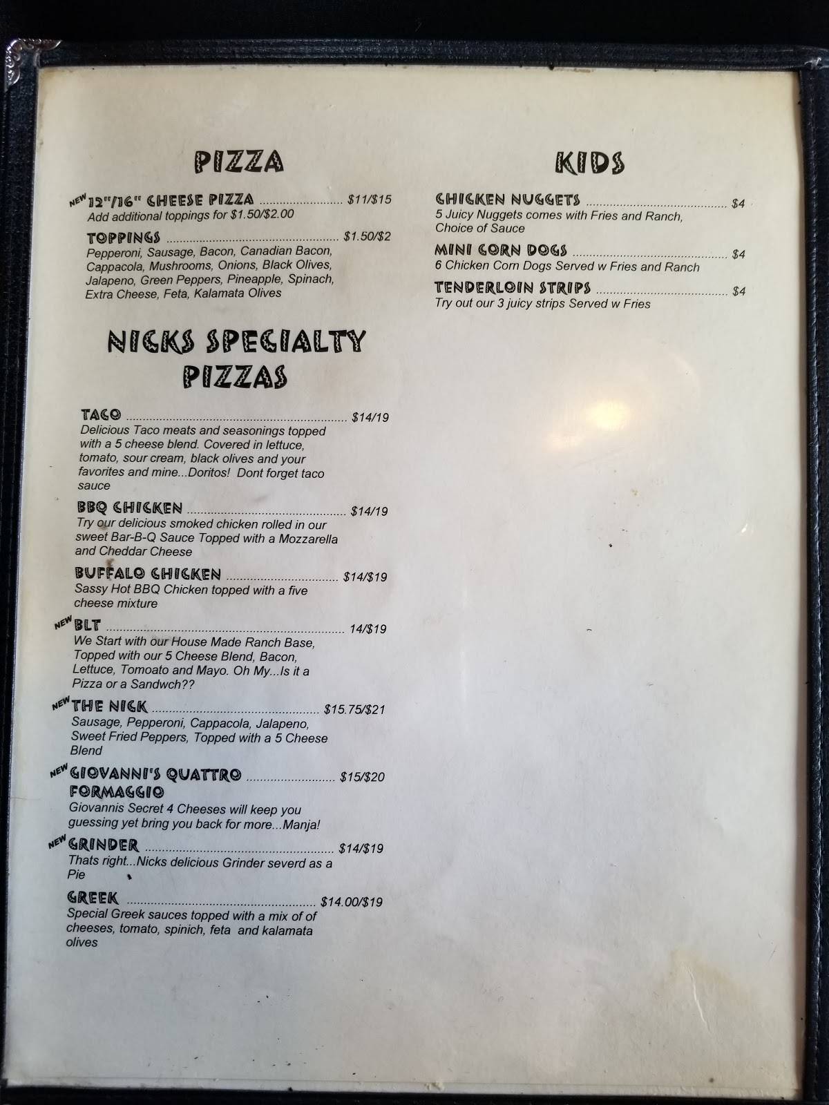 Menu at Nick's restaurant, Des Moines