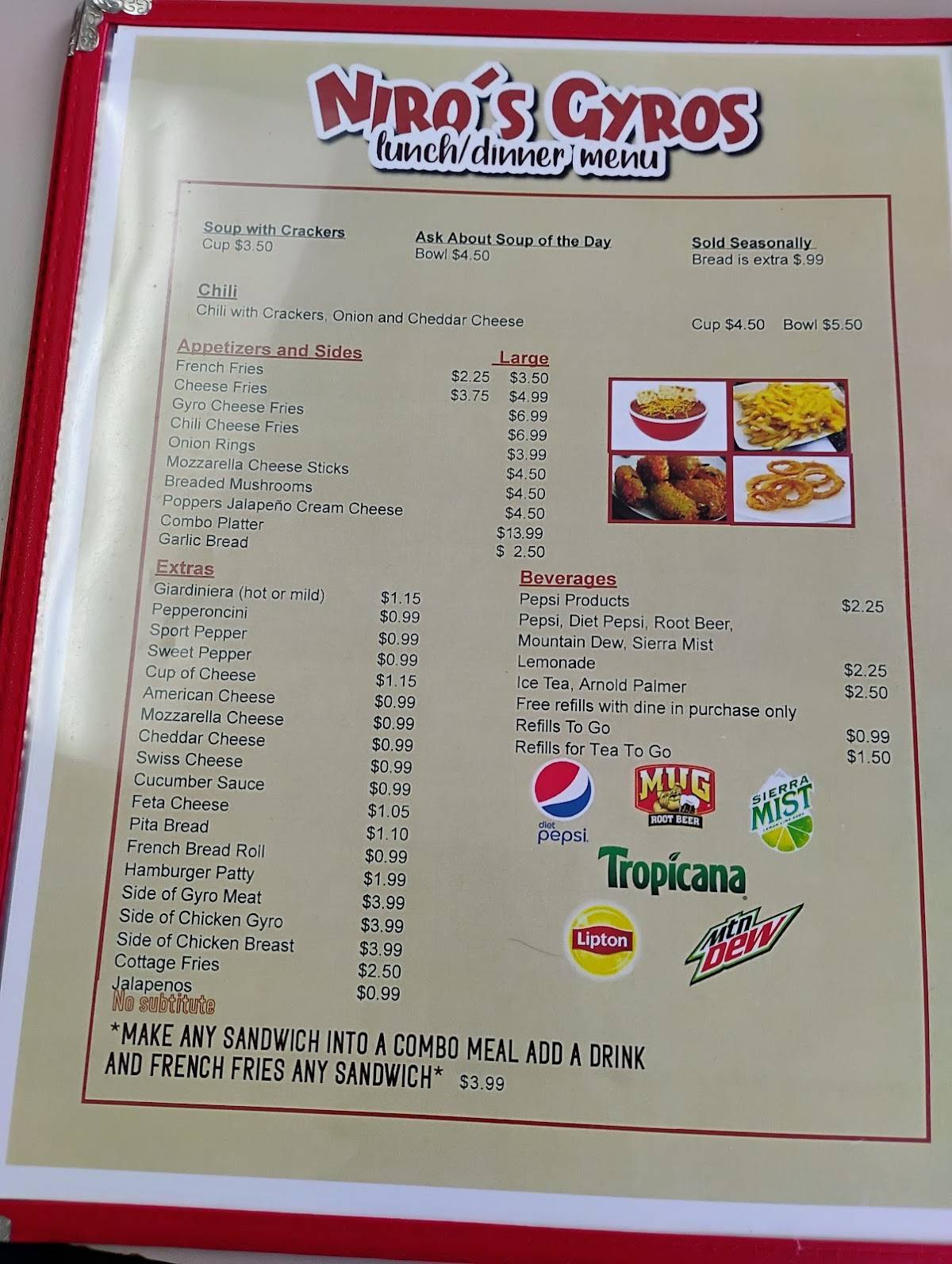 Menu at Niro's Gyros restaurant, Beecher