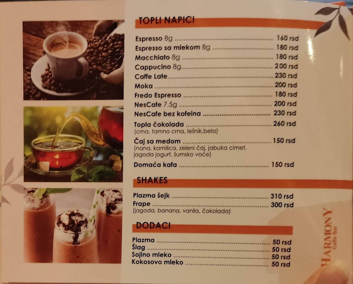 Menu at HarmonY restaurant, Niš