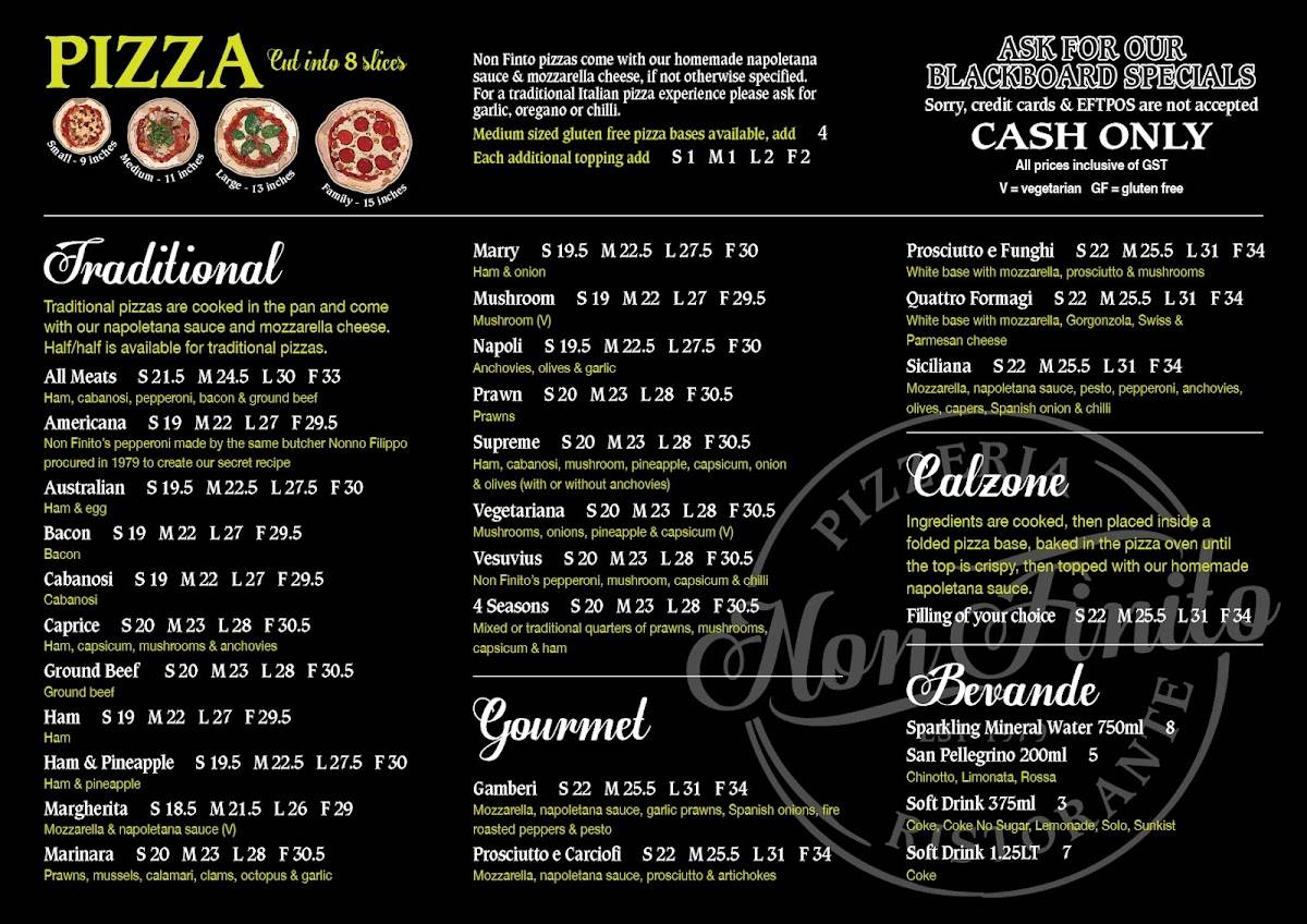 Menu at Non Finito Pizzeria Ristorante, Mortdale