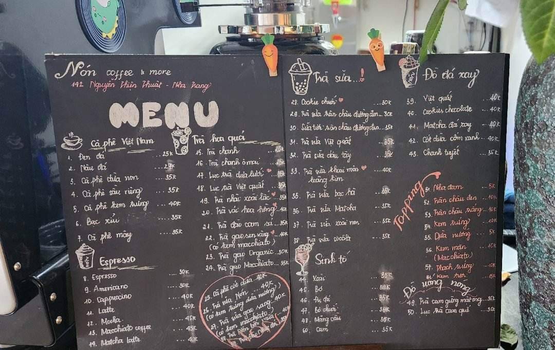Carta del café Nón coffee & more, Ninh Hòa