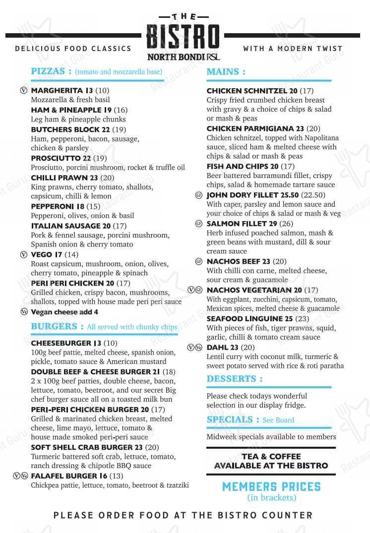 Menu at North Bondi RSL Club, North Bondi