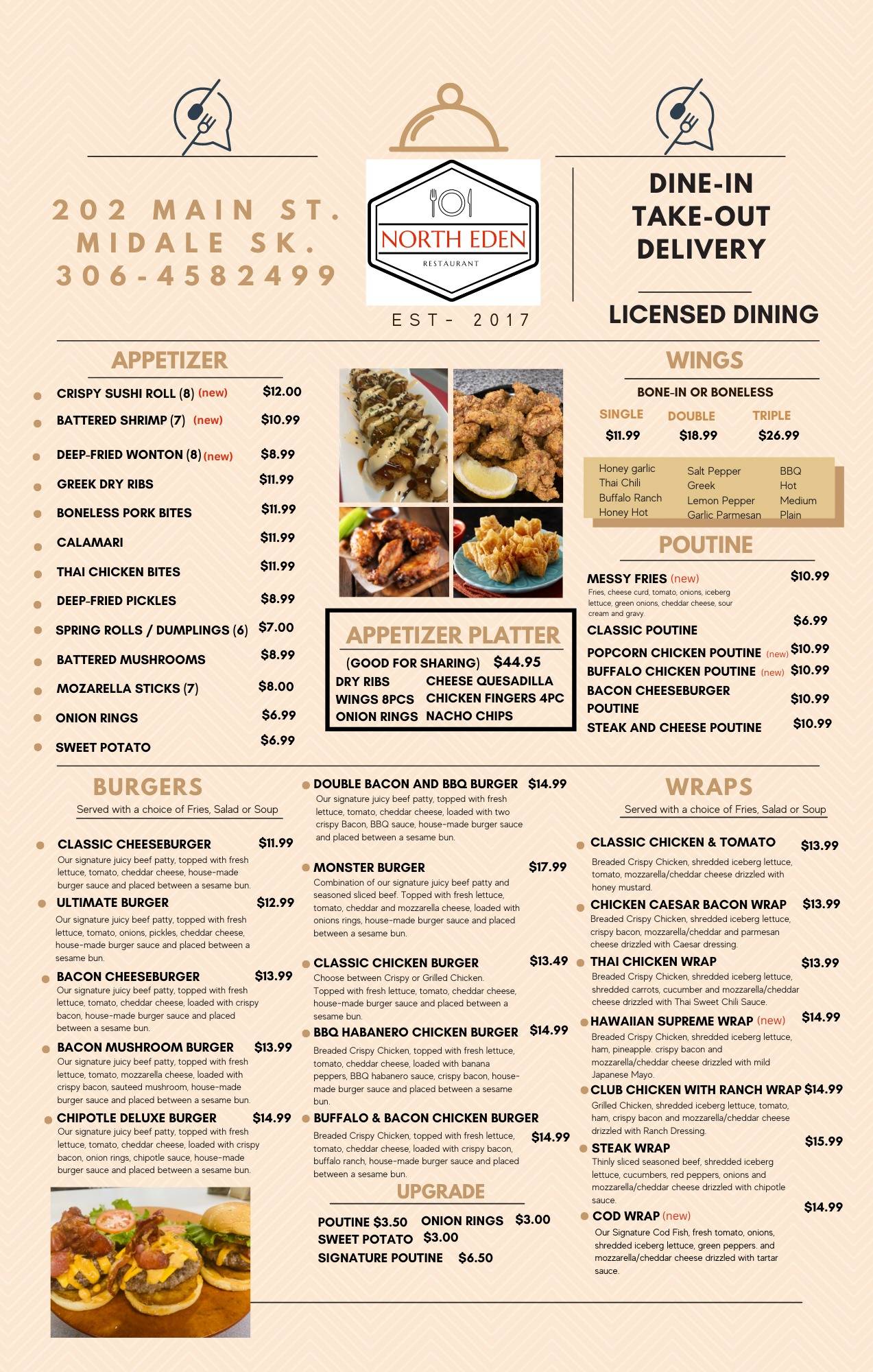 Menu at North Eden Restaurant, Midale