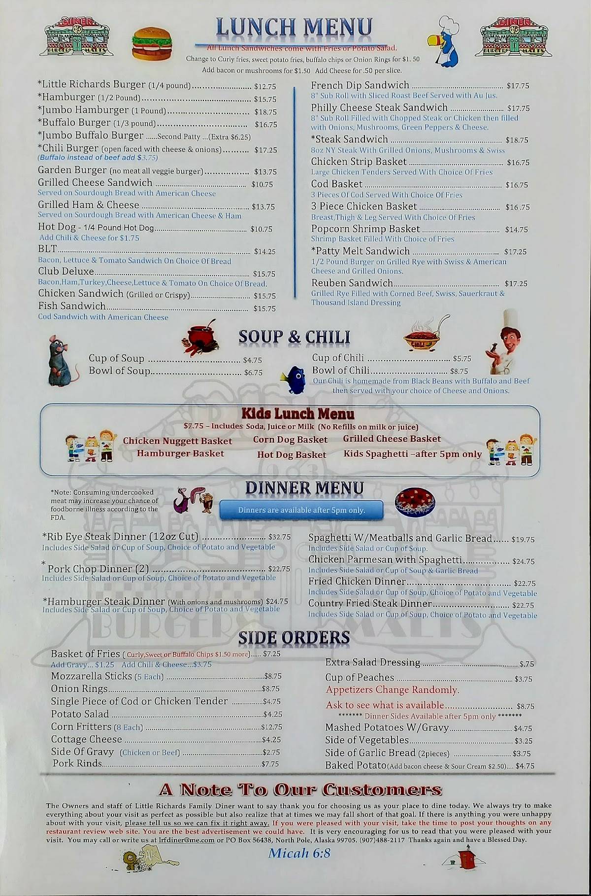 Menu at Little Richard's Family Diner restaurant, North Pole