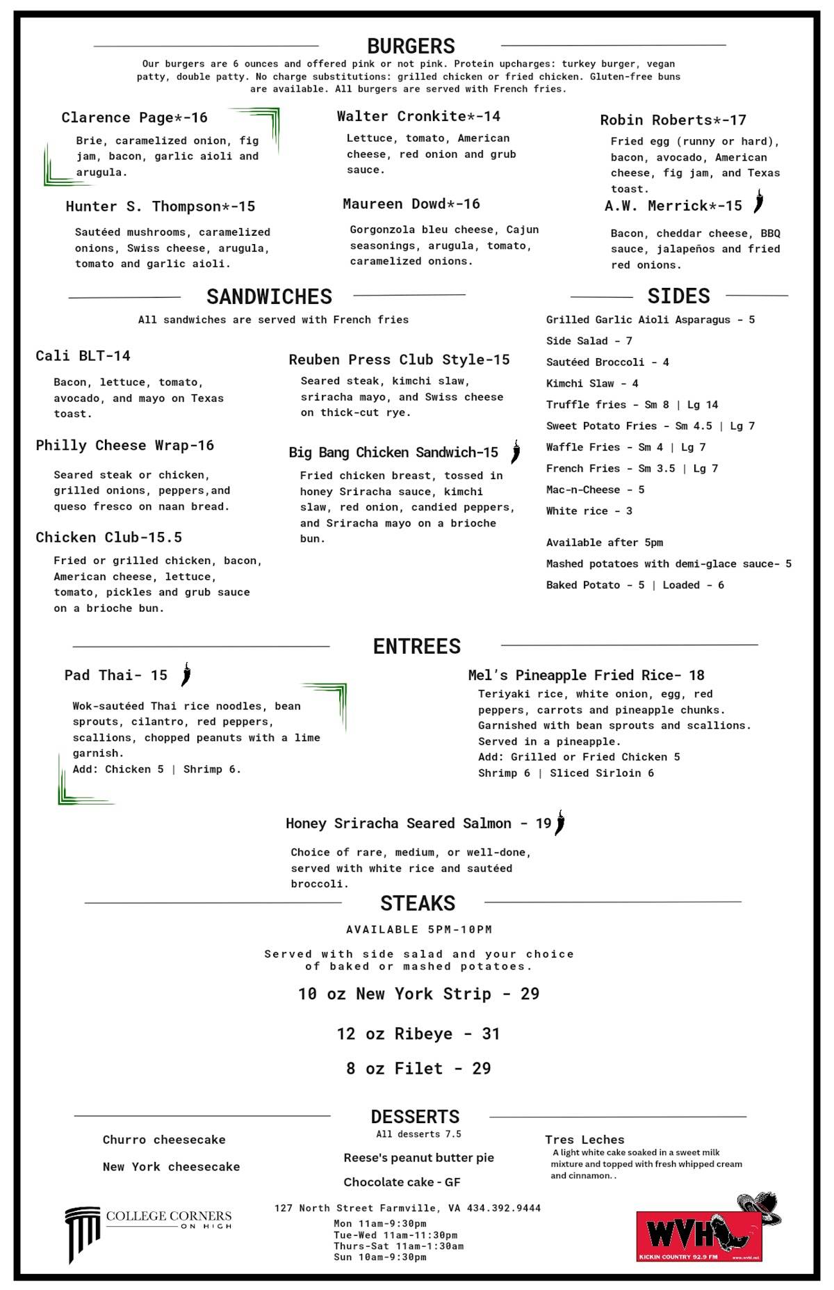 Menu at North Street Press Club, Farmville