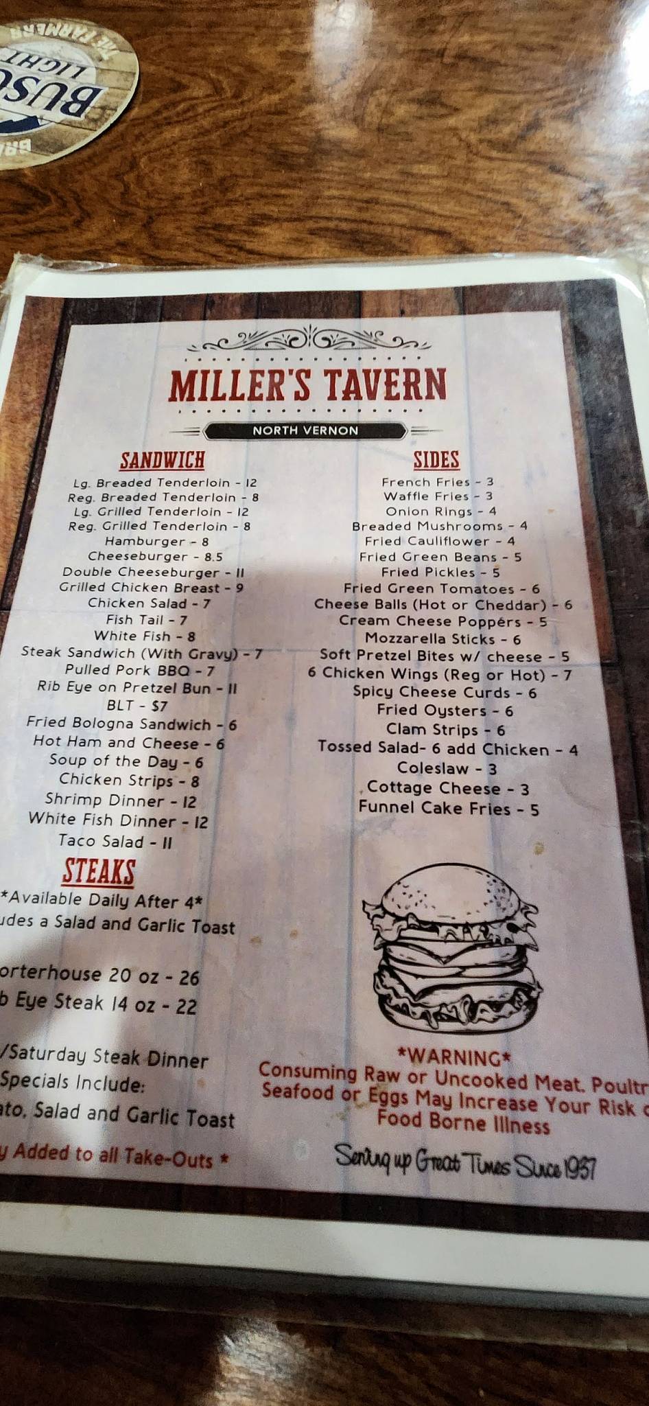 Menu at Miller's Tavern pub & bar, North Vernon