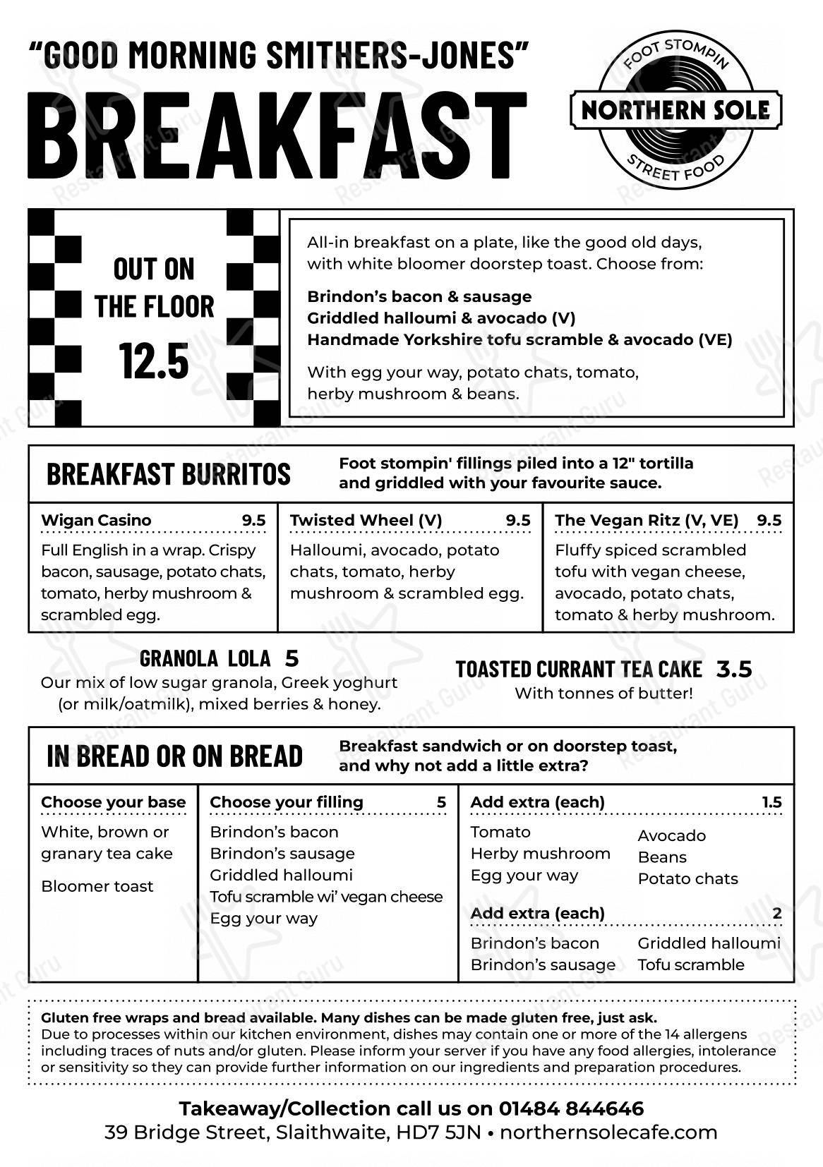 Menu at Northern Sole Café pub & bar, Huddersfield, 39 Bridge St