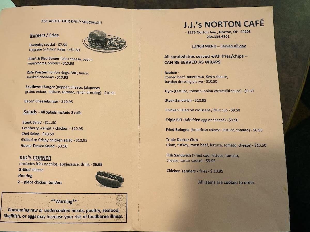 Menu at JJ's Norton Cafe, Norton