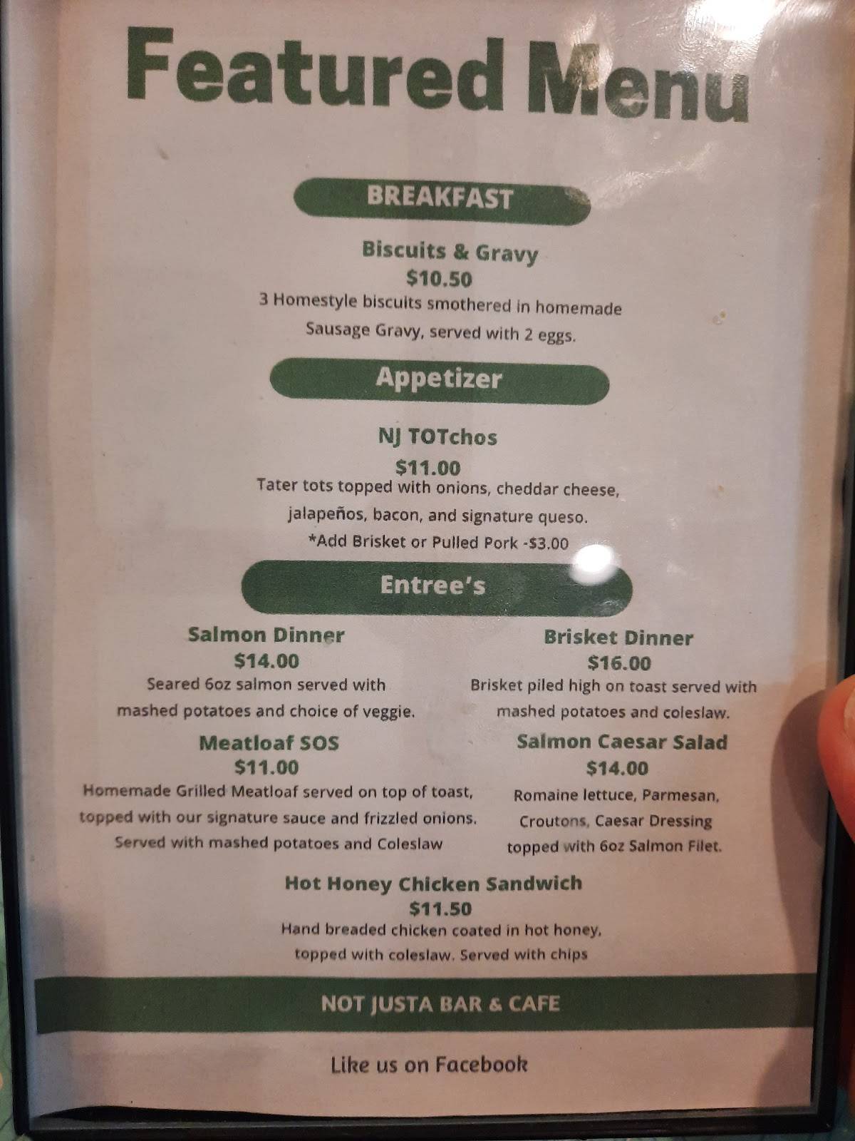 Menu at Not Justa Diner restaurant, Saint Croix Falls