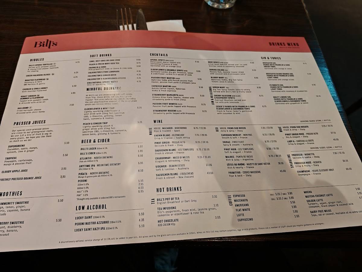 Menu at Bill's Nottingham Restaurant, Nottingham