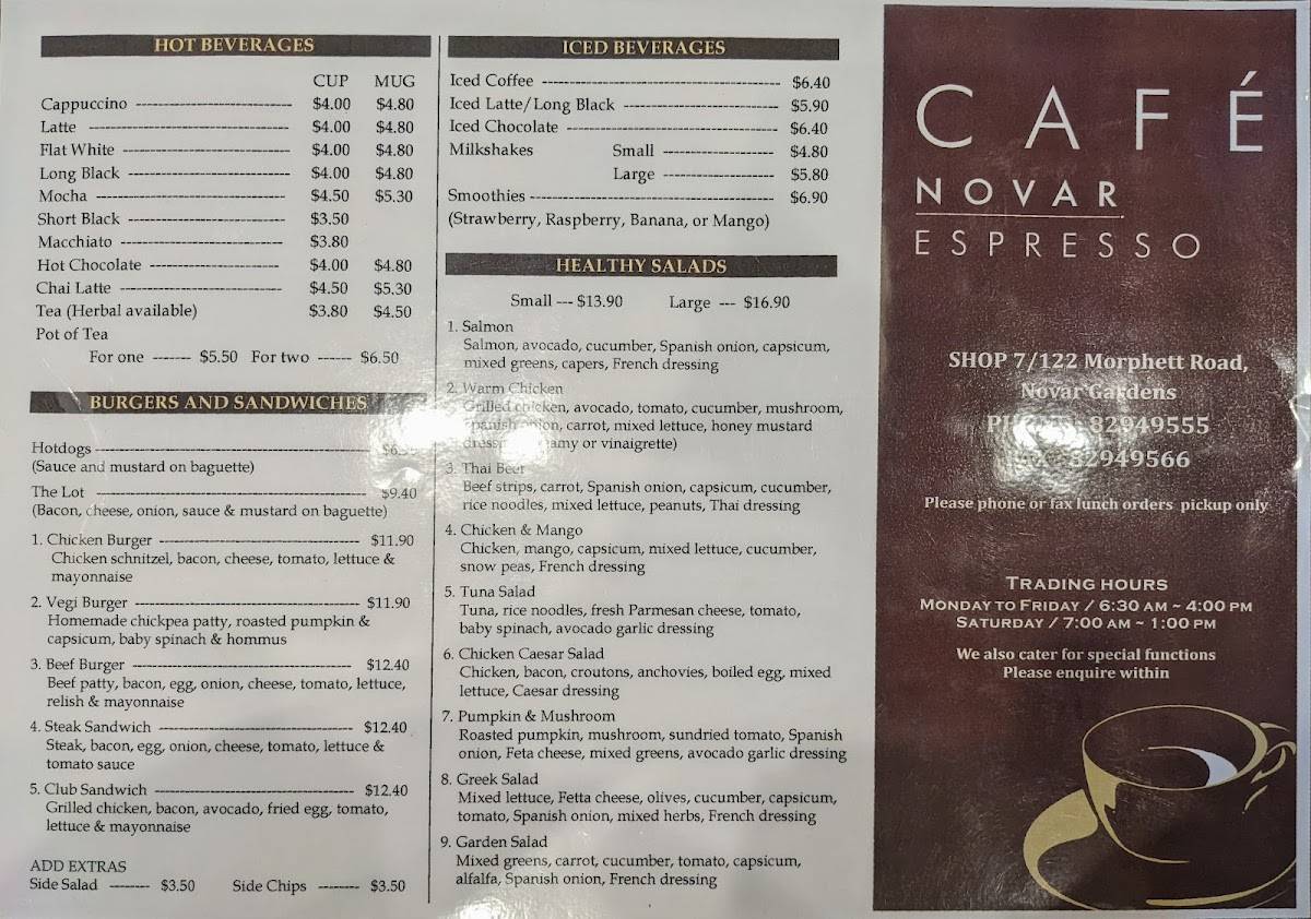 Menu at Novar Espresso Cafe, Camden Park