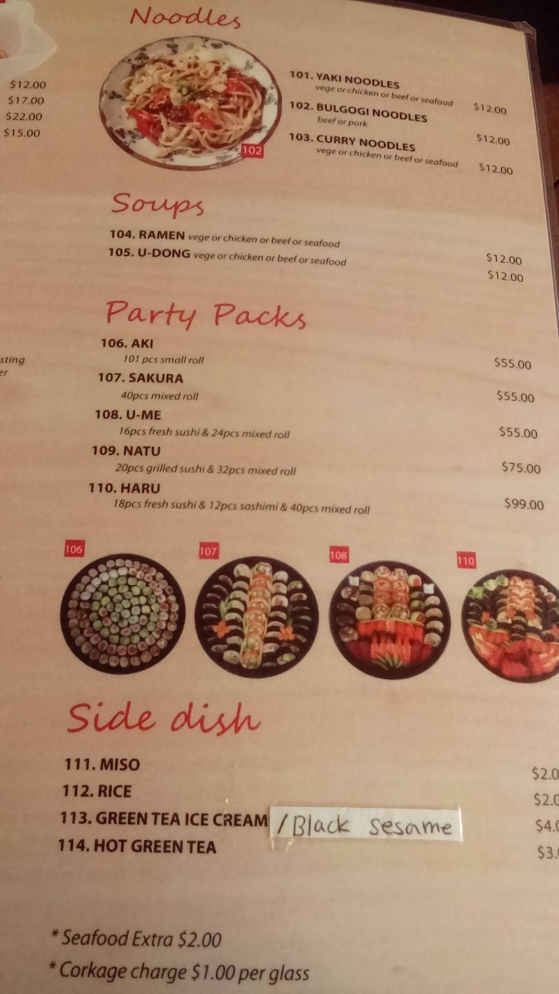 Menu at Moon's Sushi restaurant, Nowra