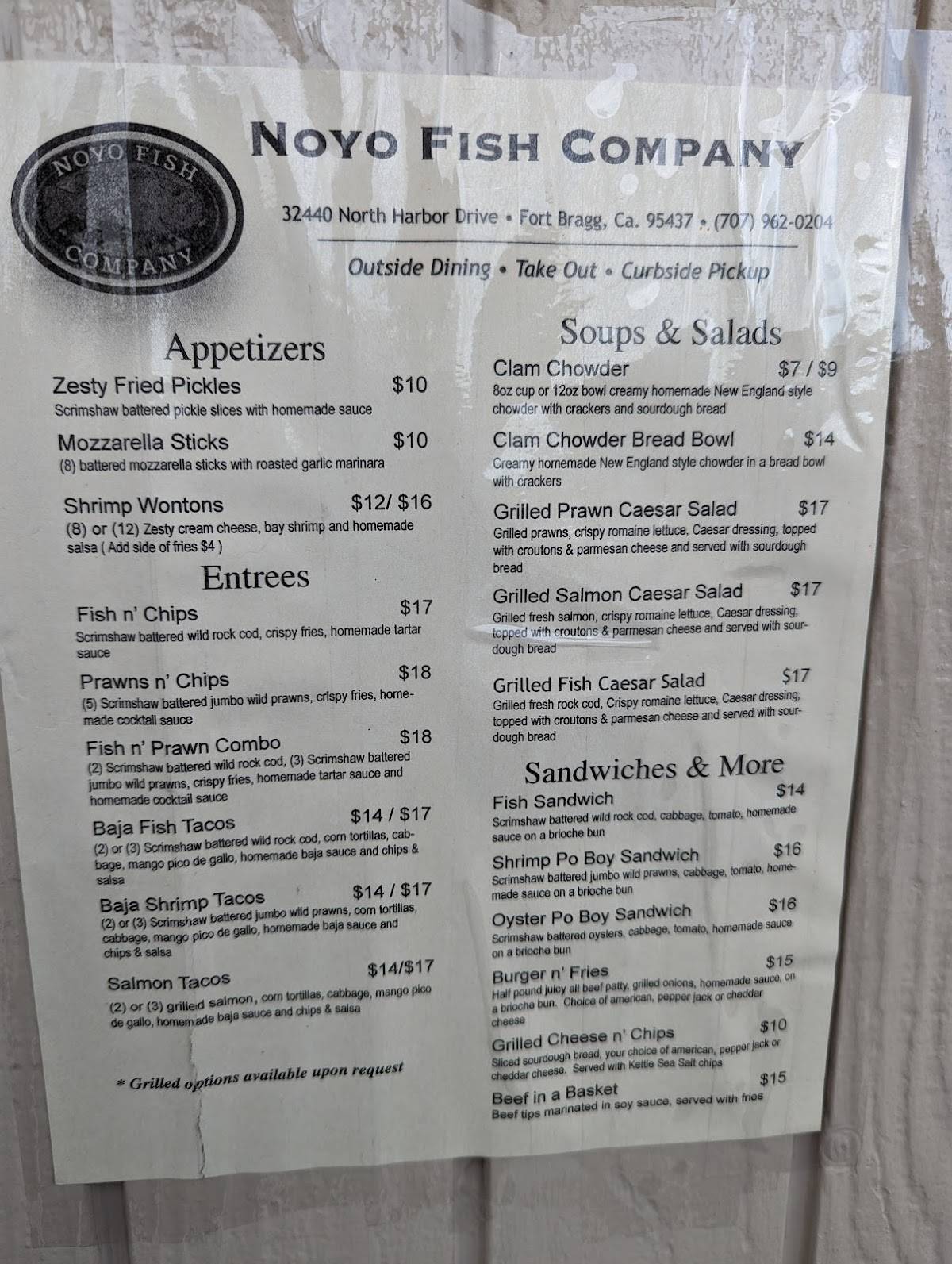 Menu at Noyo Fish Company restaurant, Fort Bragg