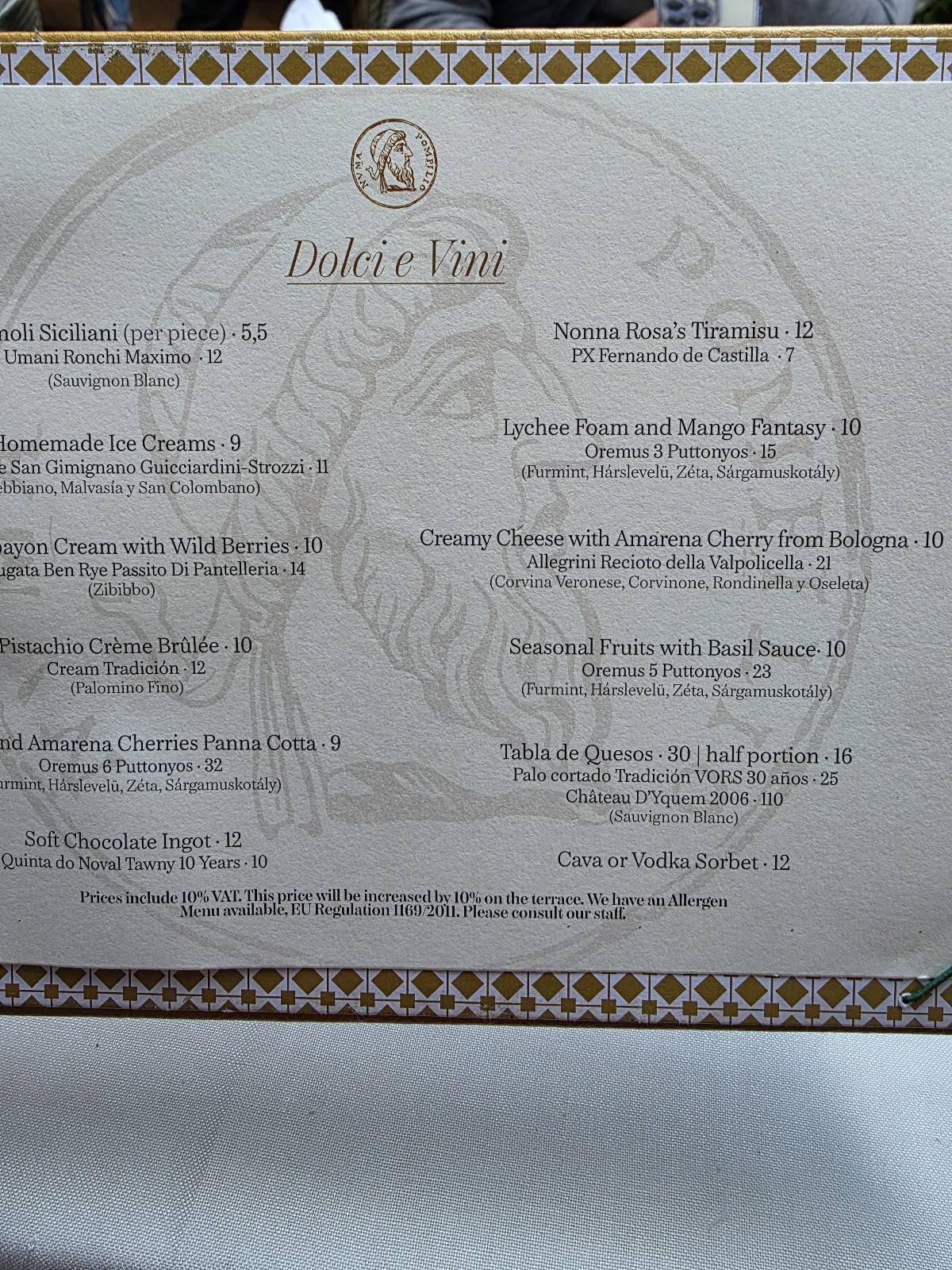 Carta del restaurante Numa, Madrid