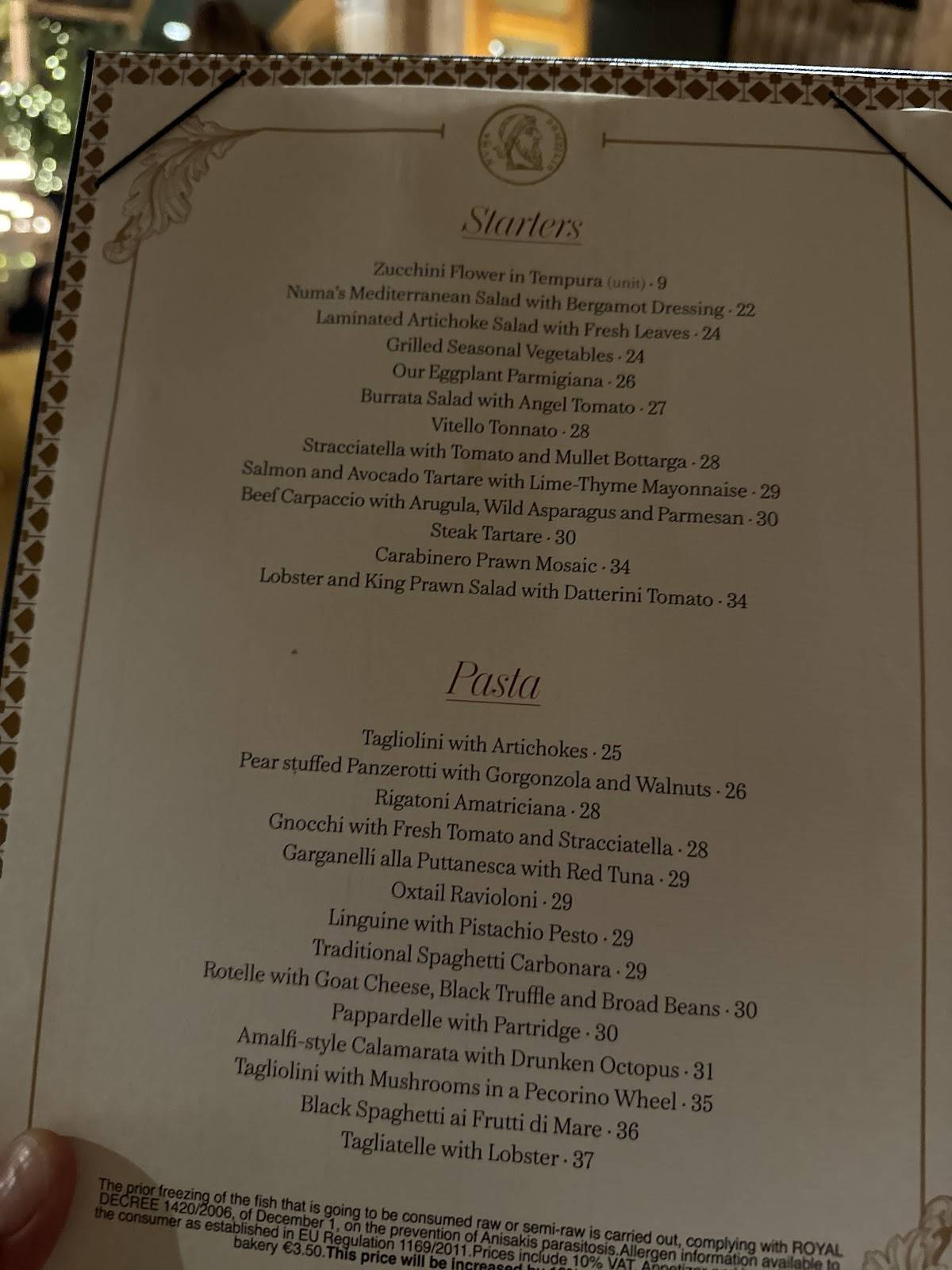 Carta del restaurante Numa Pompilio, Madrid