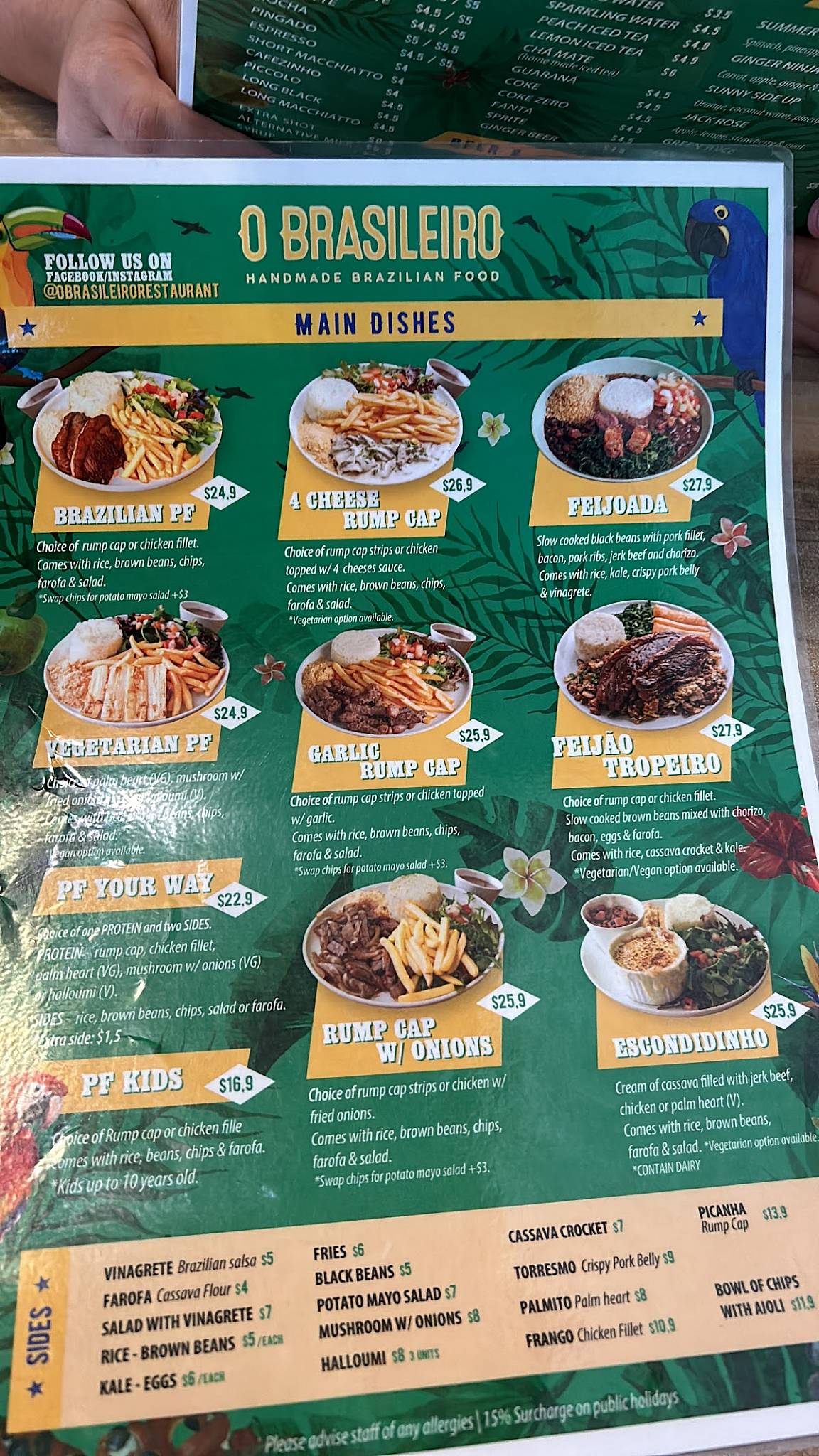 Carta del restaurante O Brasileiro, Brisbane