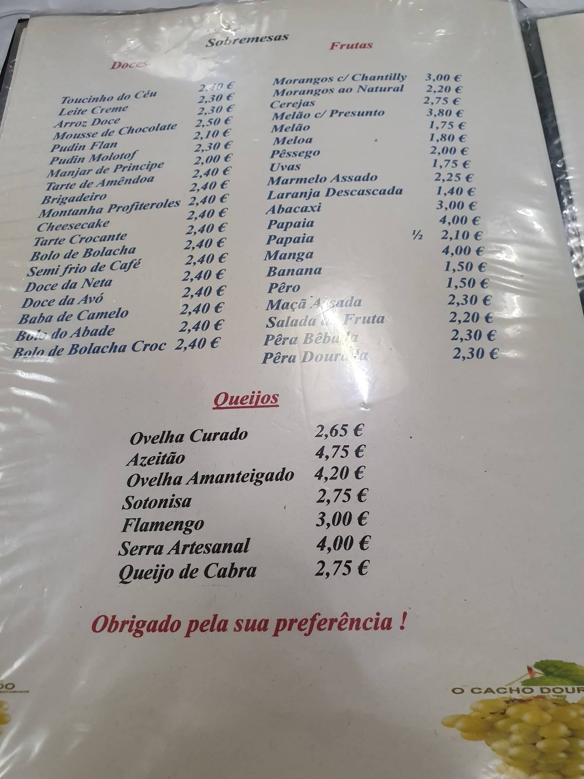 Carta del restaurante O Cacho Dourado, Lisboa