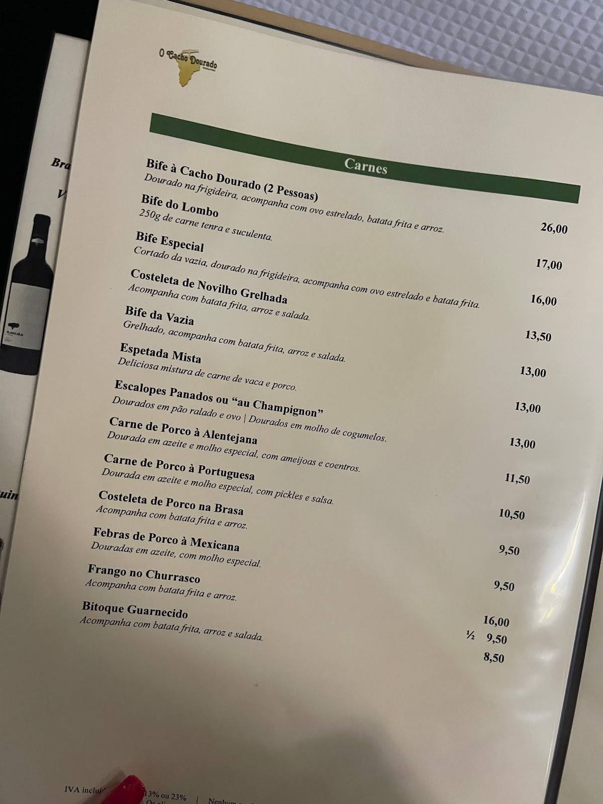 Carta del restaurante O Cacho Dourado, Lisboa