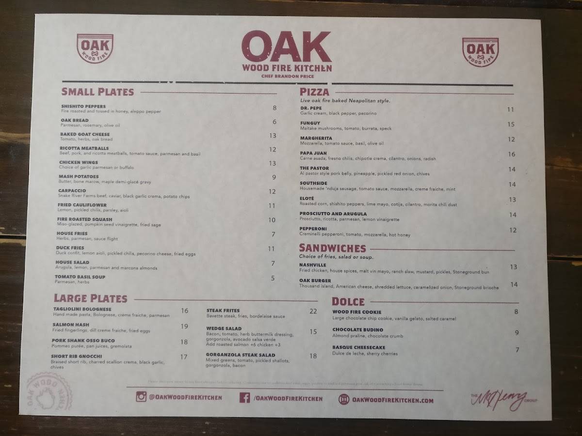 Menu at OAK Wood Fire Kitchen pizzeria, Draper