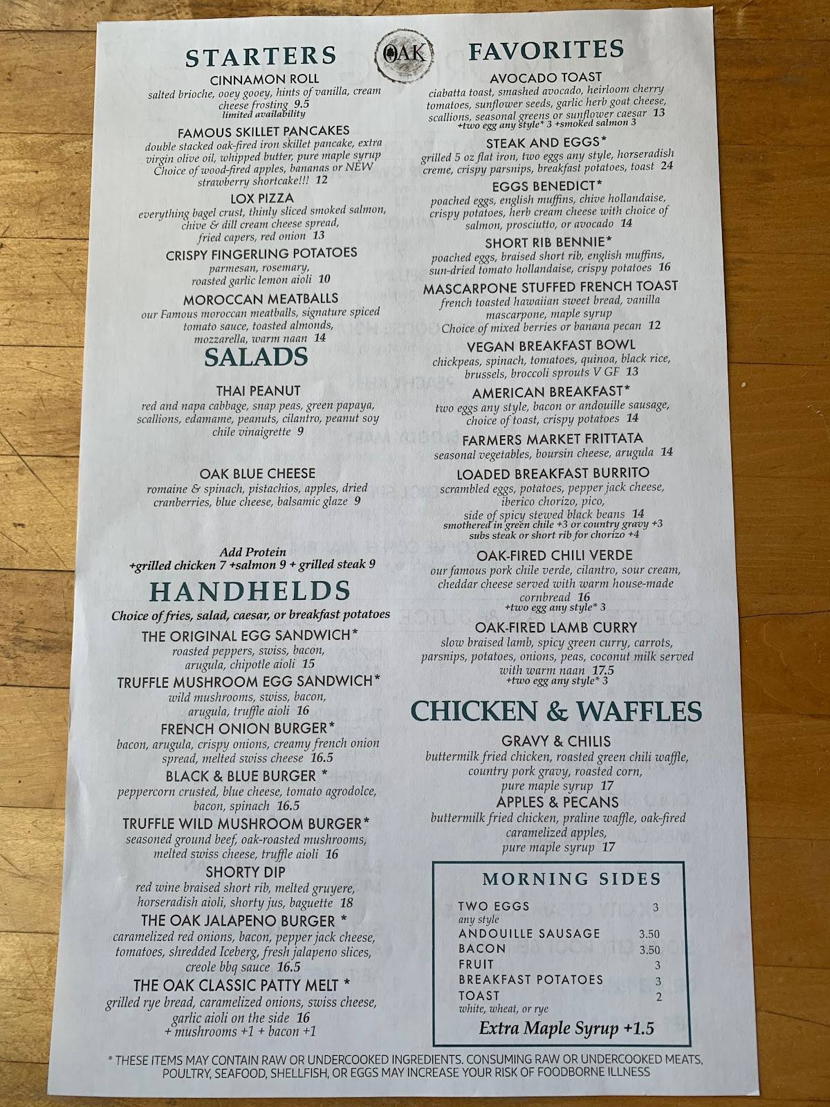Menu at OAK on Camelback restaurant, Phoenix