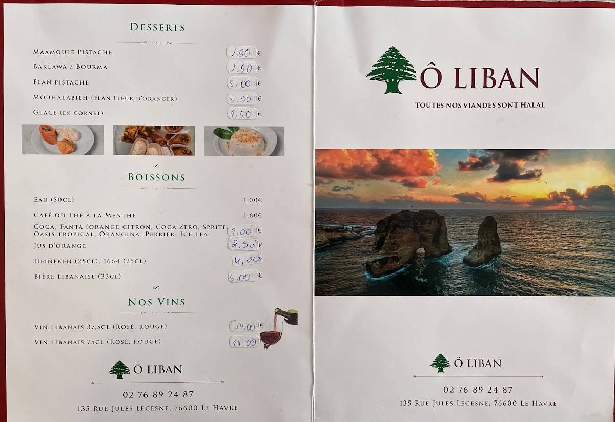 Menu au O LIBAN restaurant, Le Havre