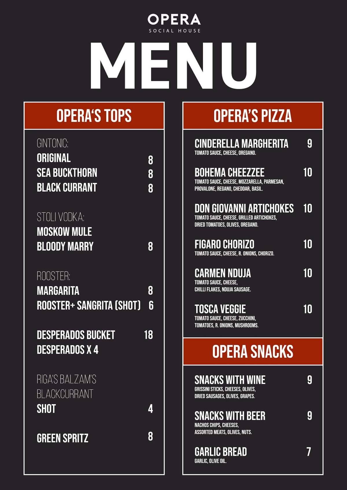 Menu at OPERA social house pub & bar, Vilnius