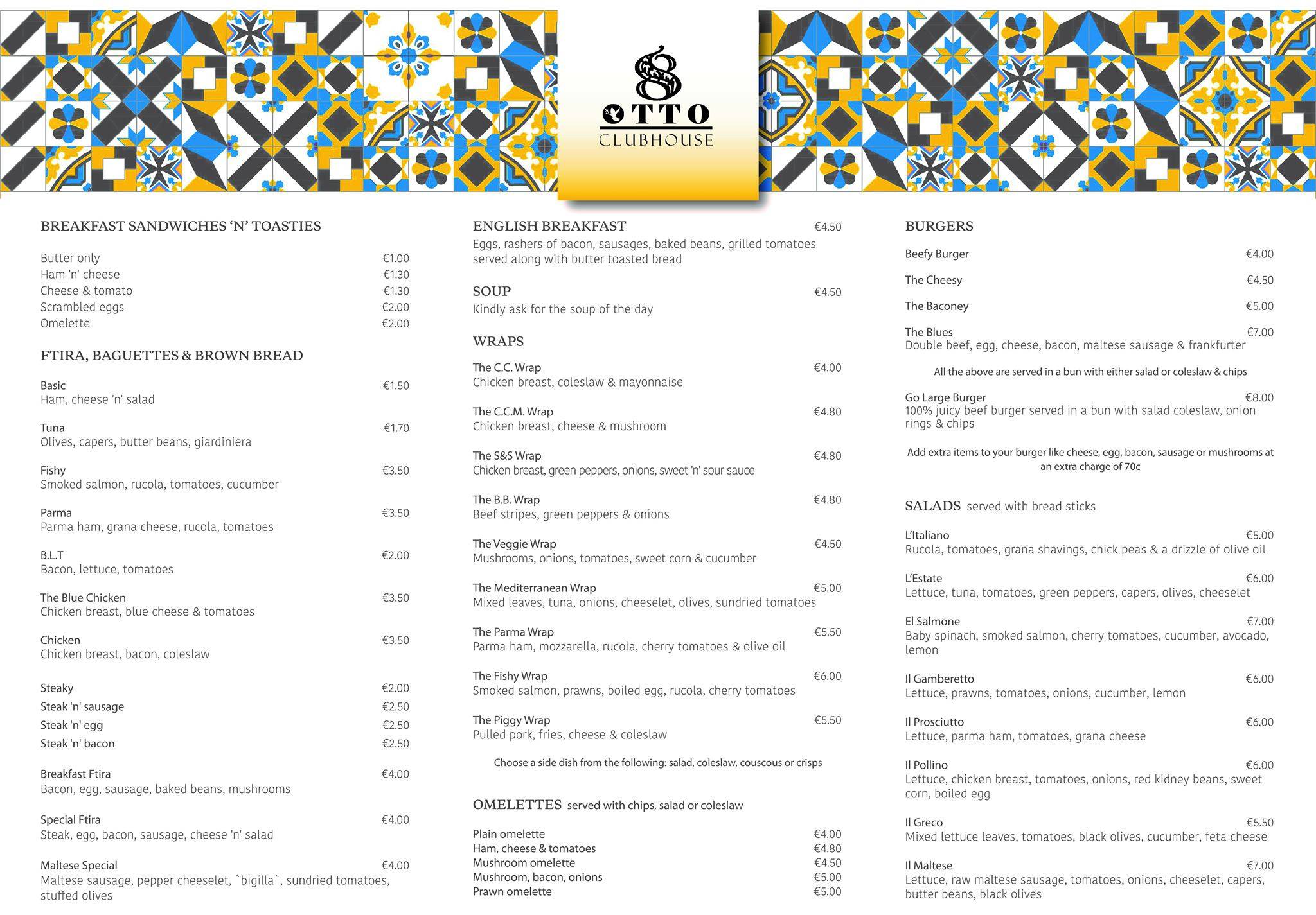 Menu at OTTO Clubhouse, Naxxar