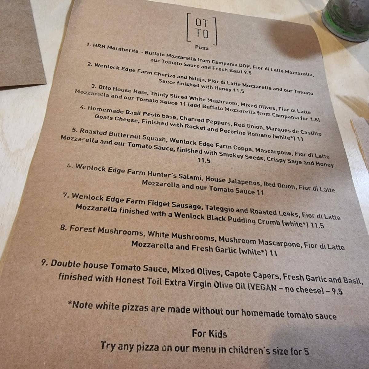 Menu at OTTO Pizza restaurant, Lichfield