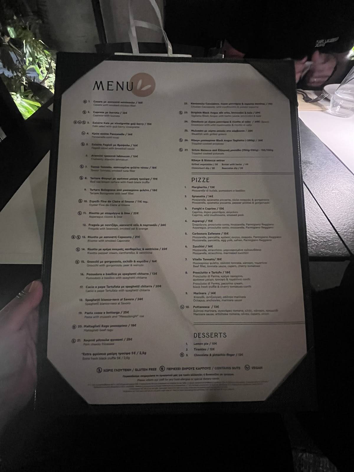 Menu at OVIO, Athens