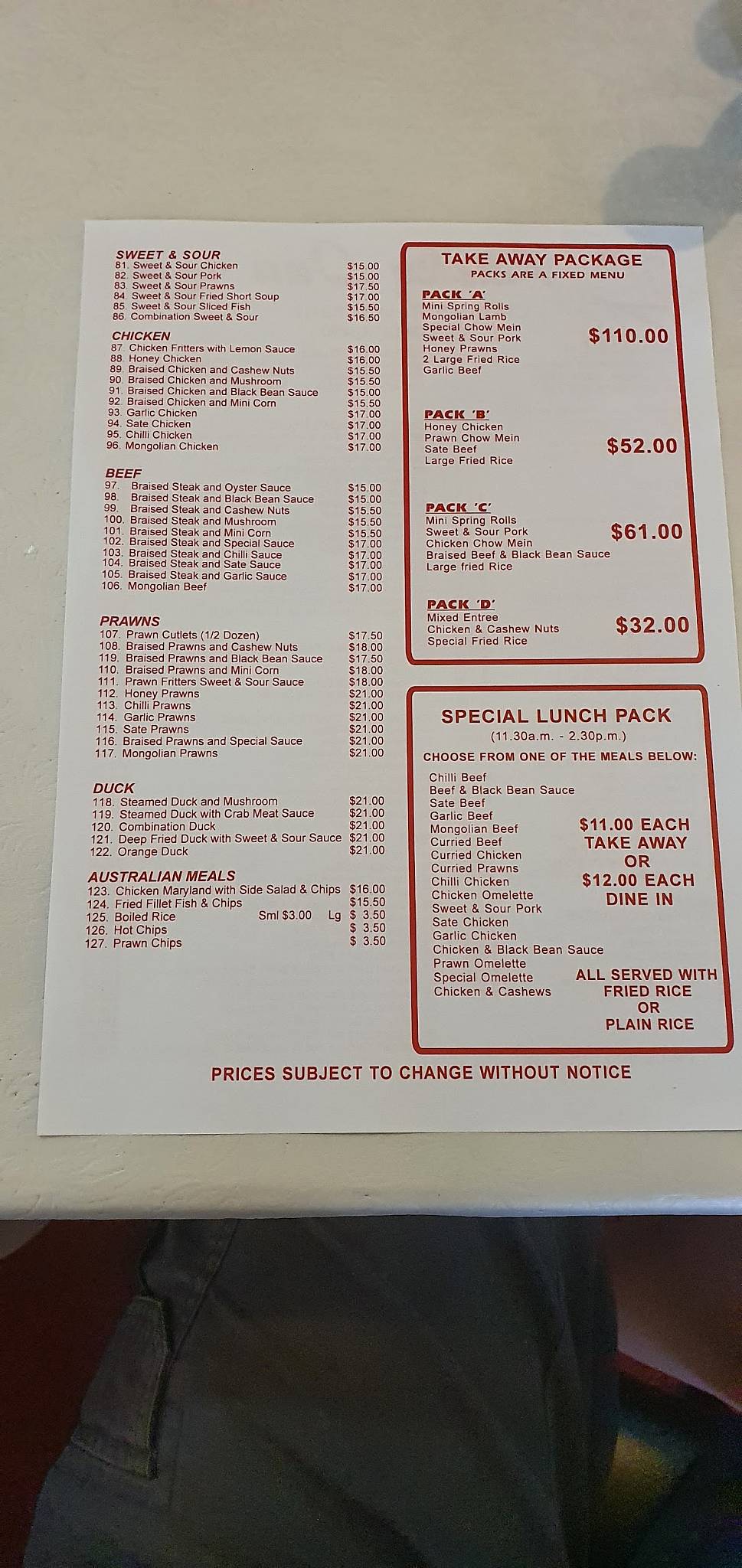 Menu at Oak Flats Lucky Inn Chinese Restaurant, Oak Flats