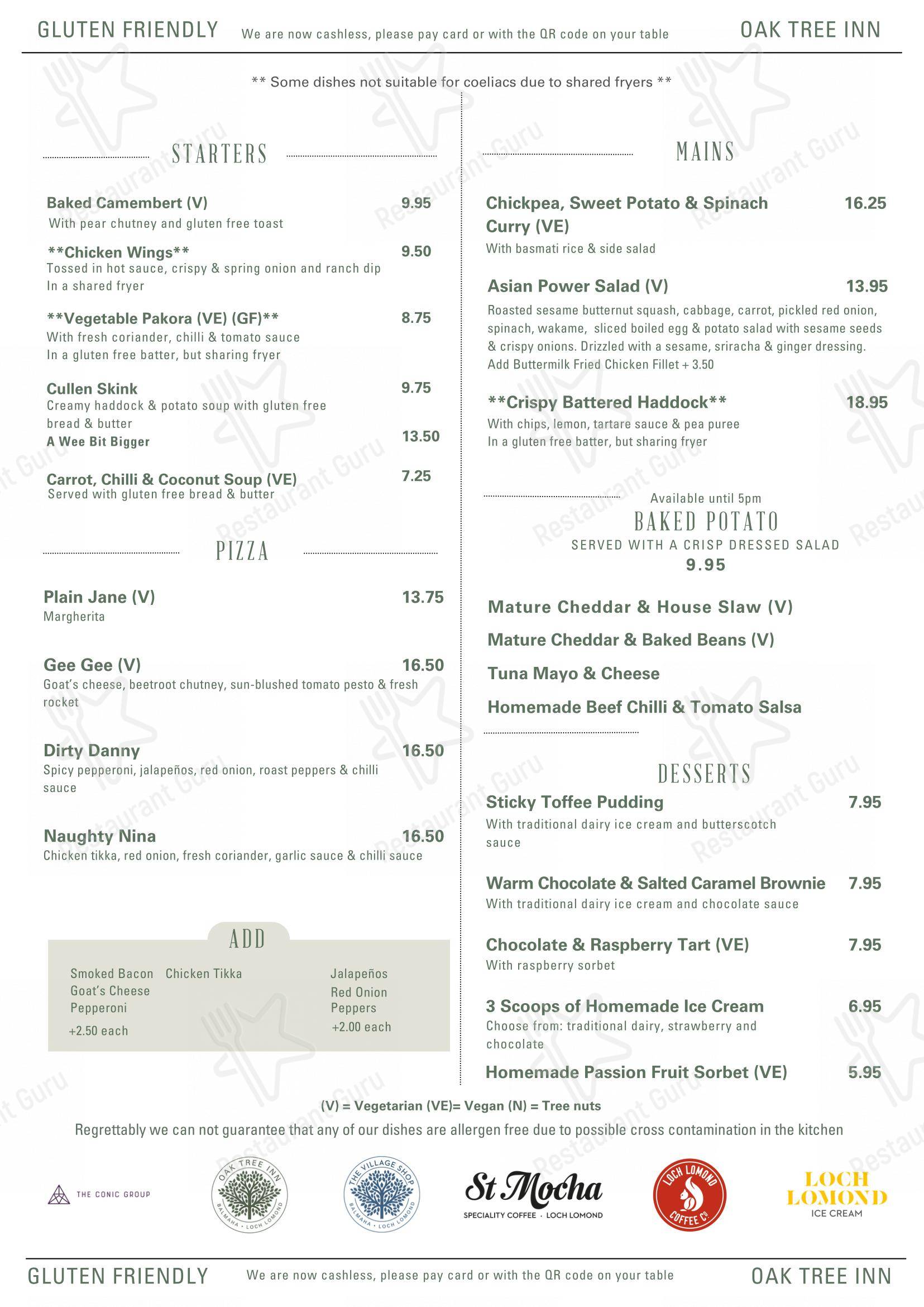 Menu at Oak Tree Inn pub & bar, Balmaha, Main Street