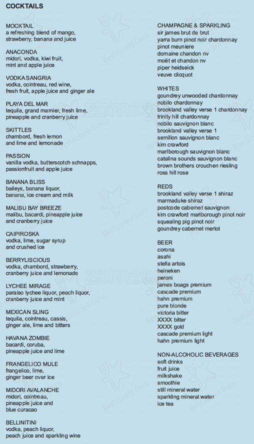 Menu at Oasis Pool Bar, Main Beach