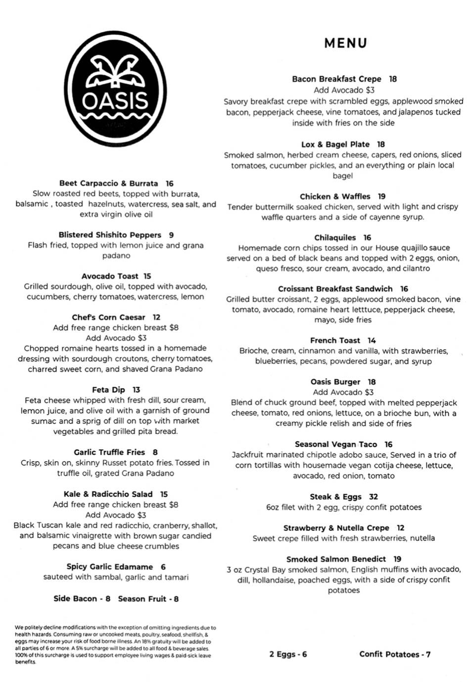 Menu at Oasis by SWG pub & bar, Santa Monica