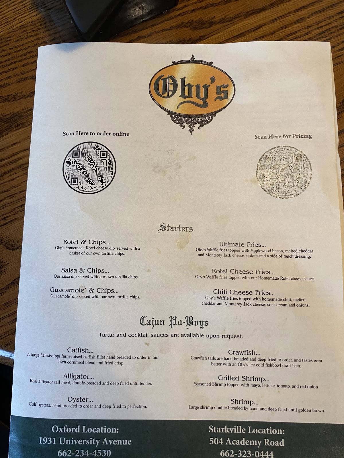 Menu at Oby's of Oxford restaurant, Oxford