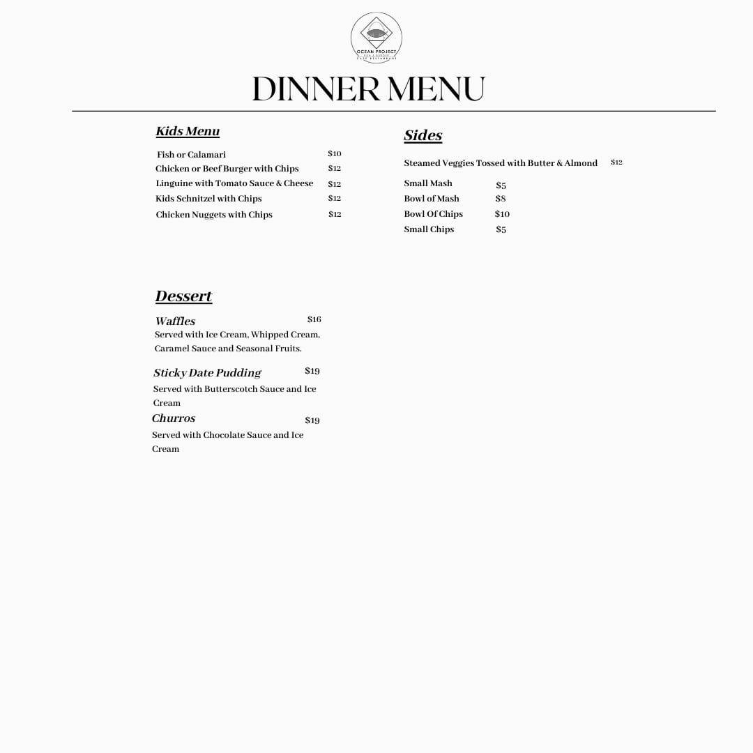 Menu at Ocean Project Café Restaurant, Orange